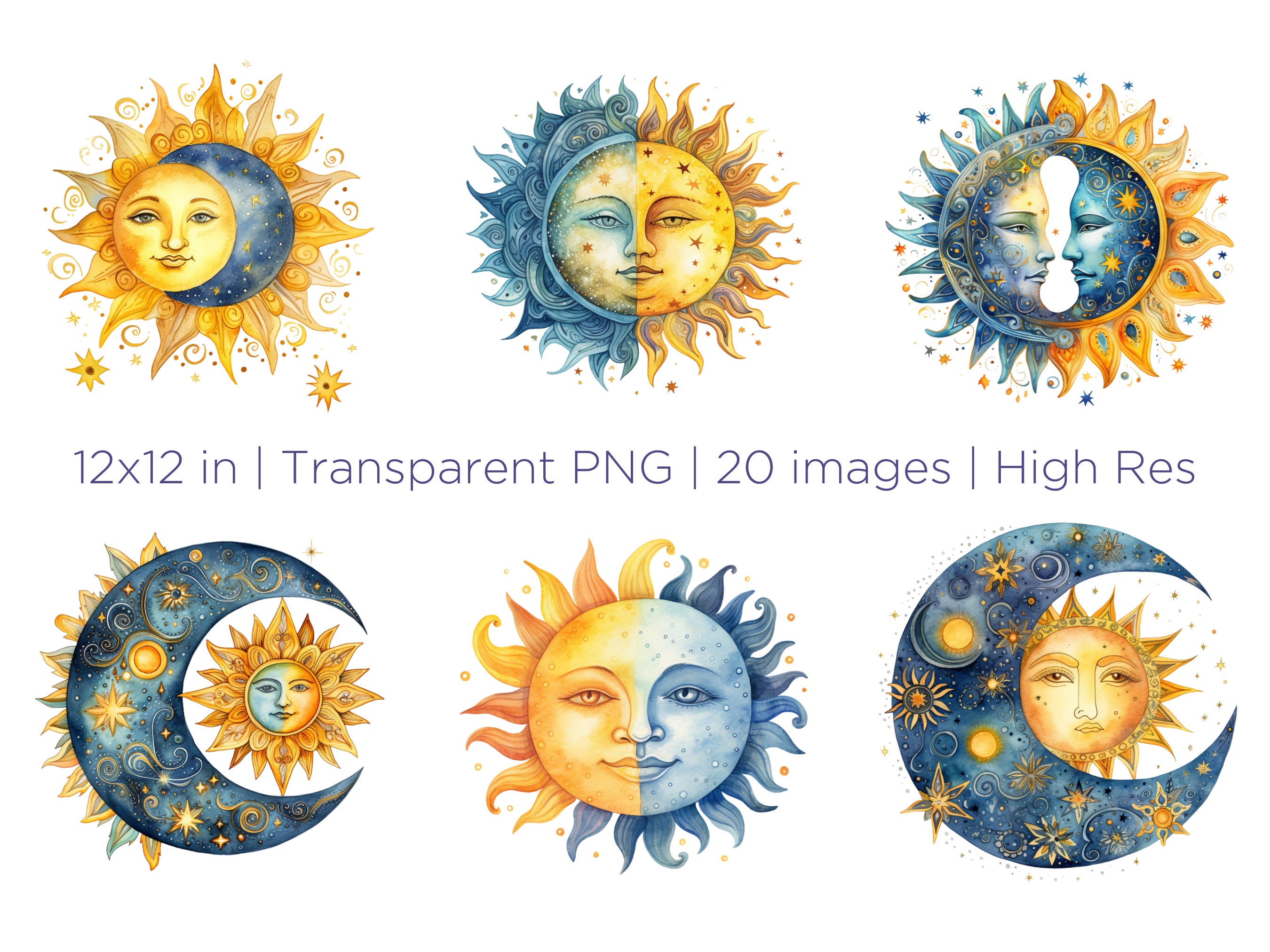 Sun & Moon Watercolor Clipart 20 PNG Files, 12x12 Inches, 300 DPI ...