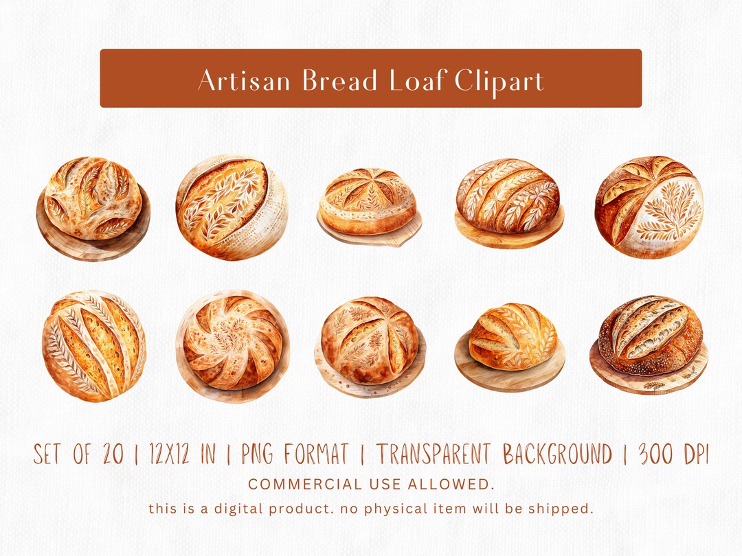 Watercolor Bread Clipart - 20 PNG Files, 300 DPI, 12x12", Transparent ...