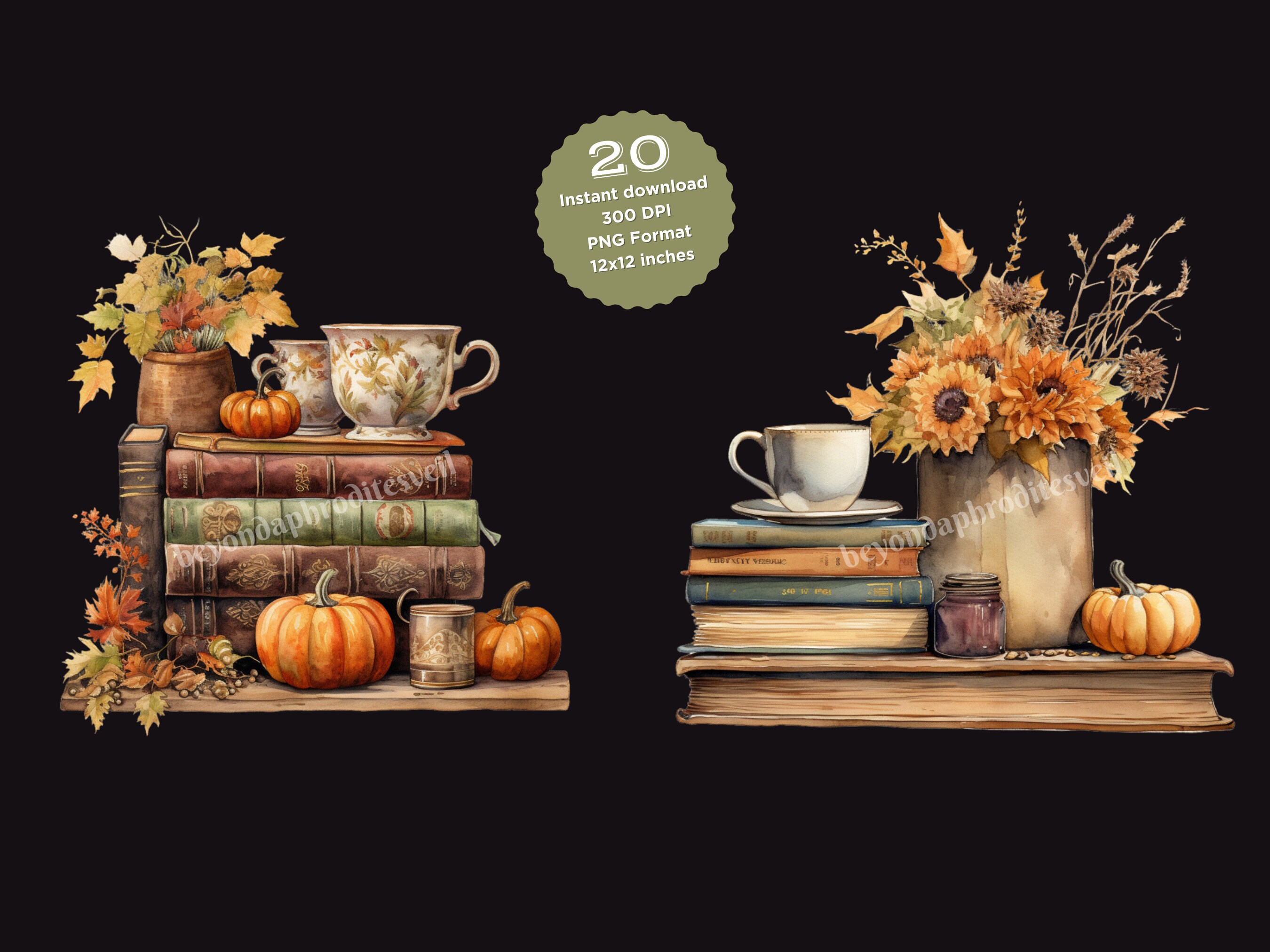 Autumn Vintage Book Stack Clipart Set 20 PNG Images, 12x12 Inches, 300 ...