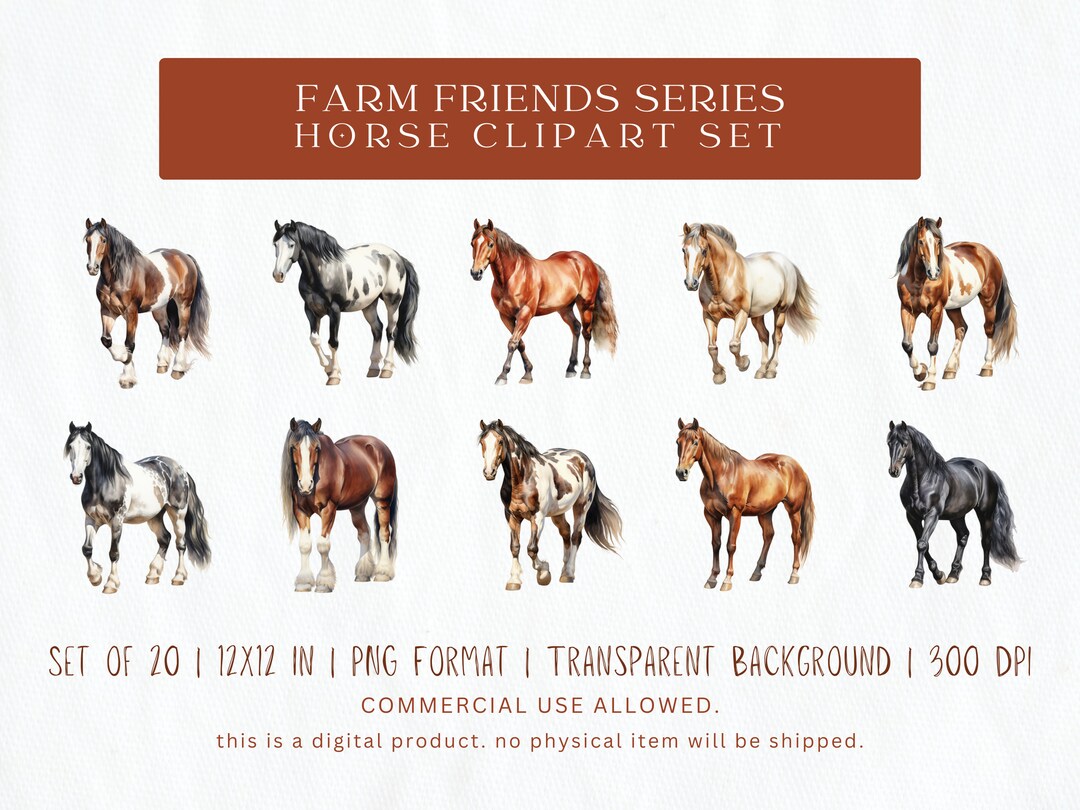 Watercolor Horse Clipart - 20 PNG Files, 12x12 Inches, 300 DPI ...