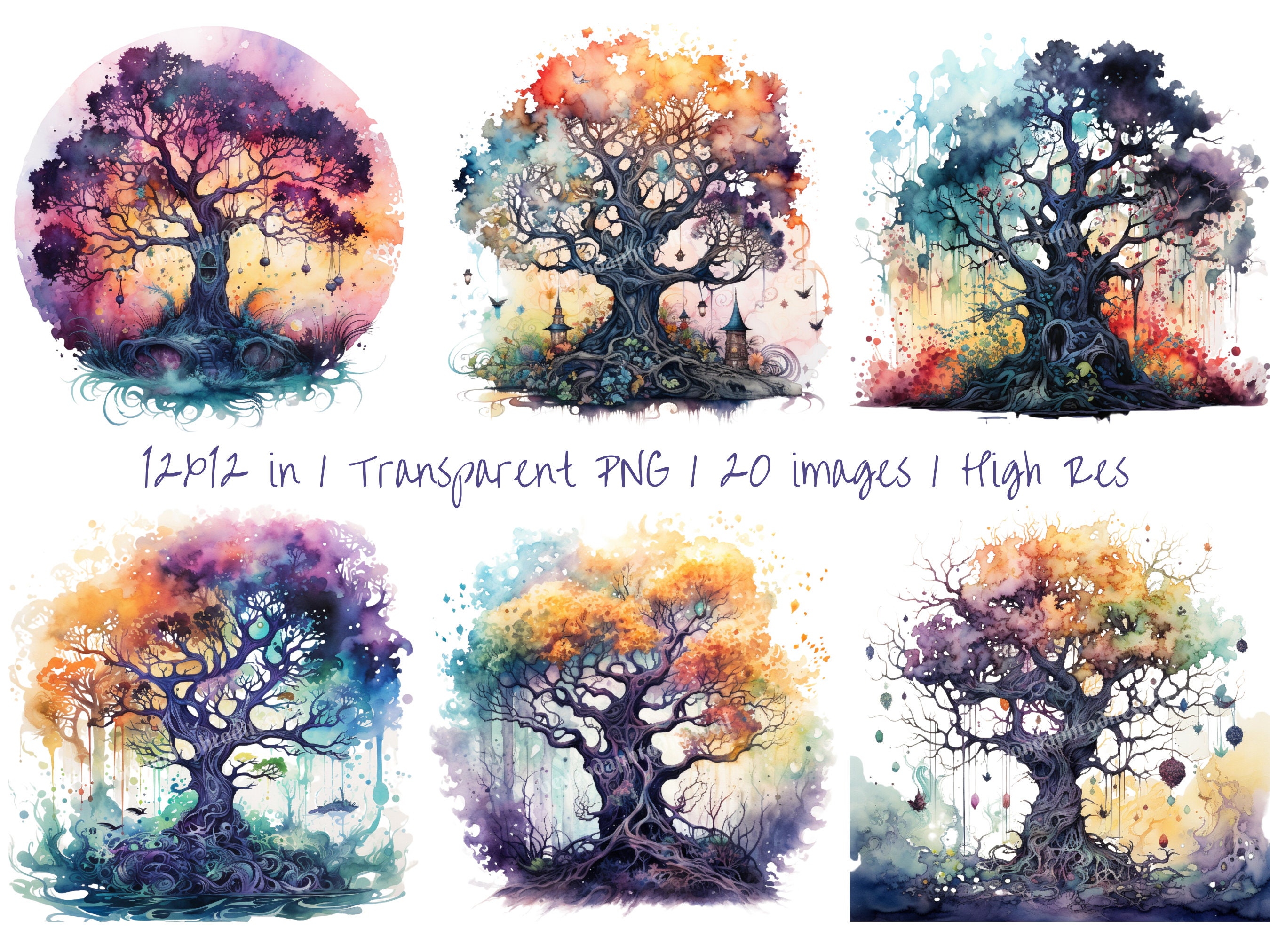 Magical Witchy Trees Clipart Set 20 PNG Files, 12x12 Inches, 300 DPI ...