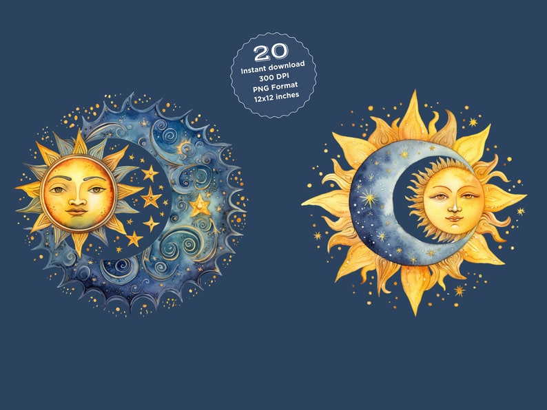 Sun & Moon Watercolor Clipart - 20 PNG Files, 12x12 Inches, 300 DPI ...