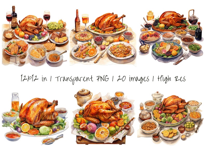 Thanksgiving Dinner Clipart Set 20 PNG Files, 12x12 Inches, 300 DPI ...