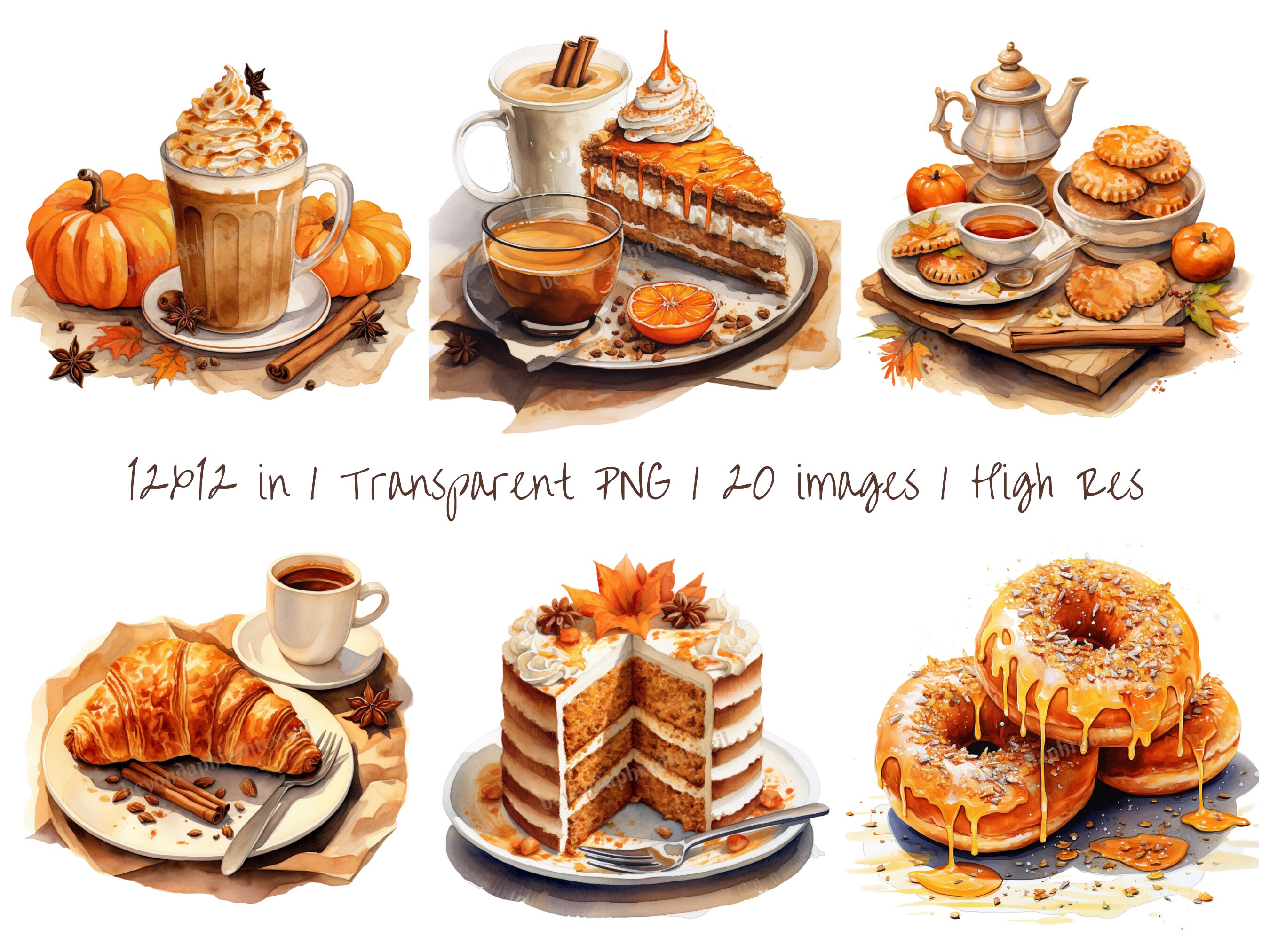 Pumpkin Spice Watercolor Clipart Set 20 PNG Images 12x12 - Etsy