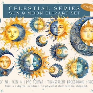 Sun & Moon Watercolor Clipart - 20 PNG Files, 12x12 Inches, 300 DPI ...