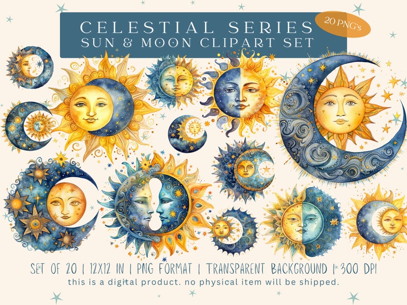 Sun & Moon Watercolor Clipart - 20 PNG Files, 12x12 Inches, 300 DPI ...