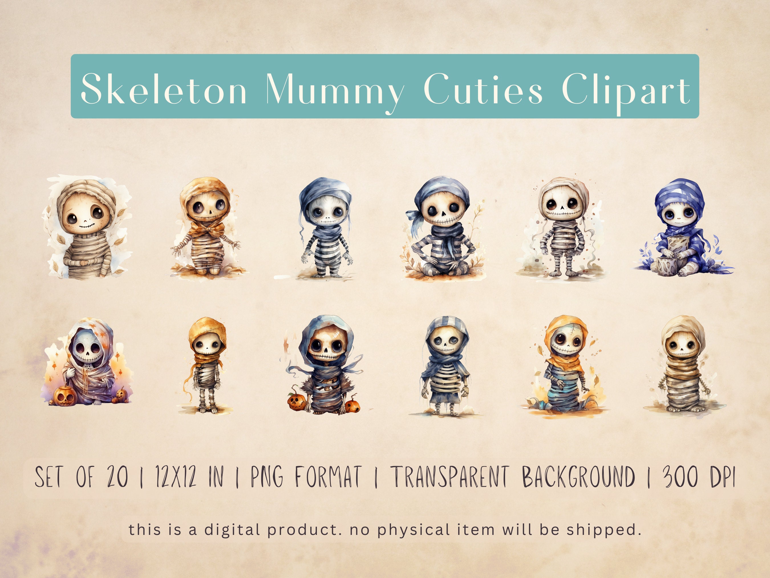 Skeleton Mummy Cuties Clipart Clipart Set - 20 PNG Files, Halloween ...