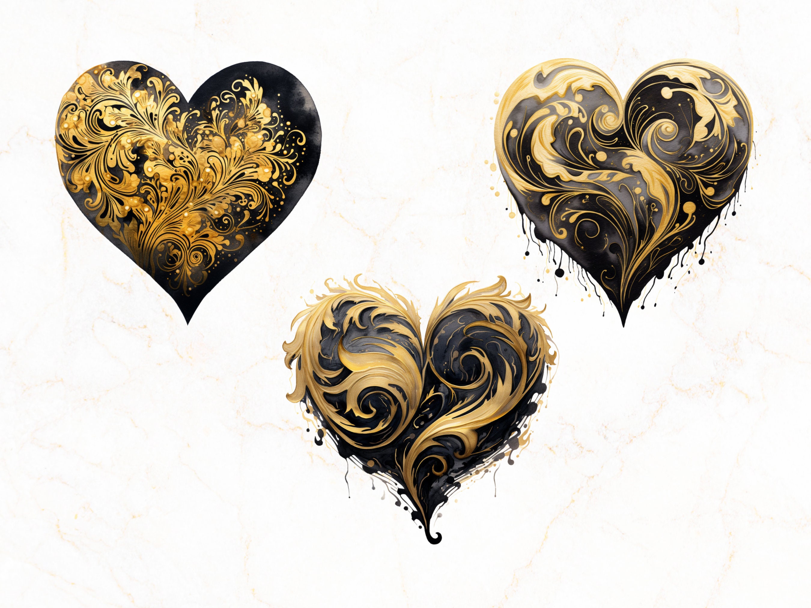 Watercolor Black & Gold Hearts Clipart - 10 PNG Files, 12x12 Inches ...