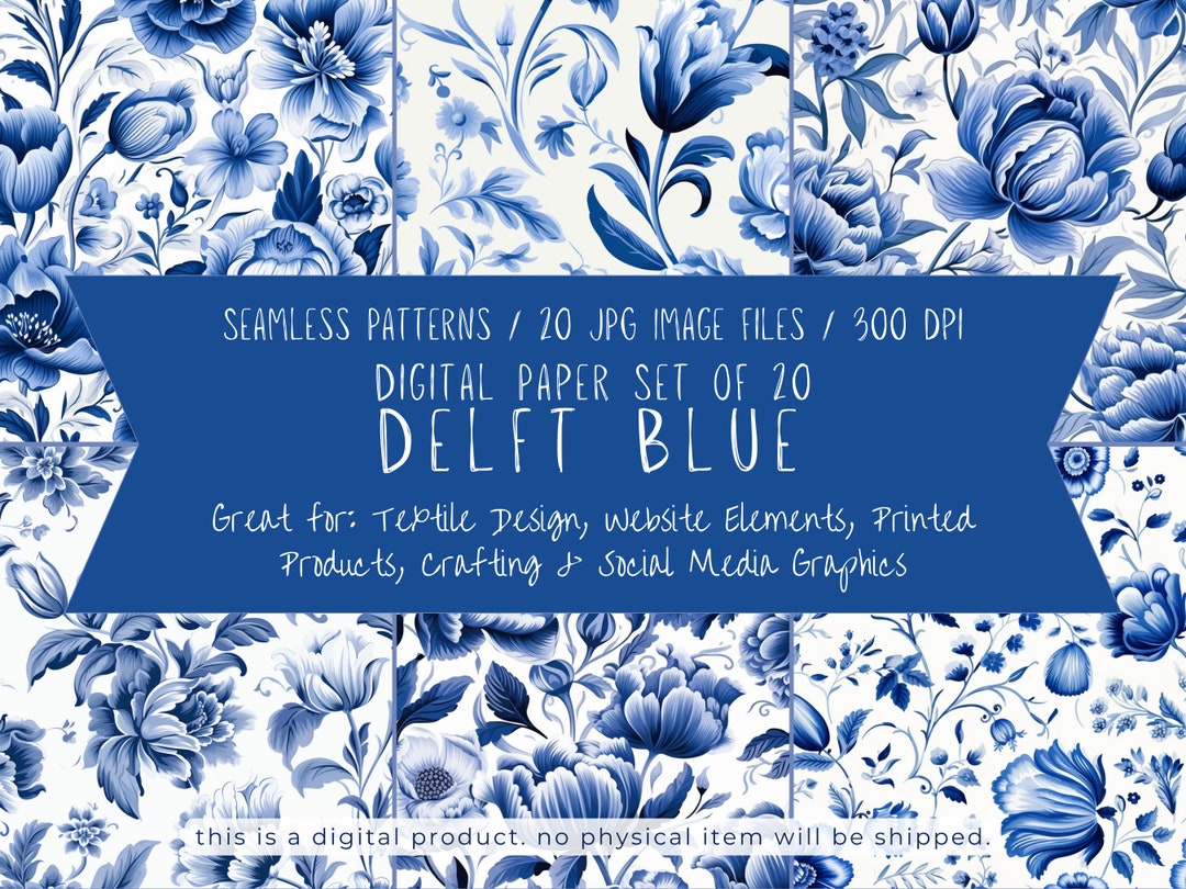 Floral Delft Blue Seamless Patterns - 20 Blue & White Jpgs, 12x12 ...