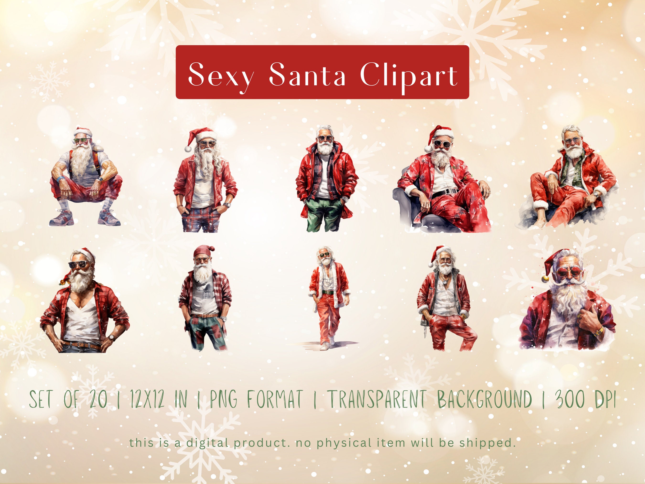 Sexy Santa Watercolor Clipart Set - 20 Pngs, Transparent Background ...