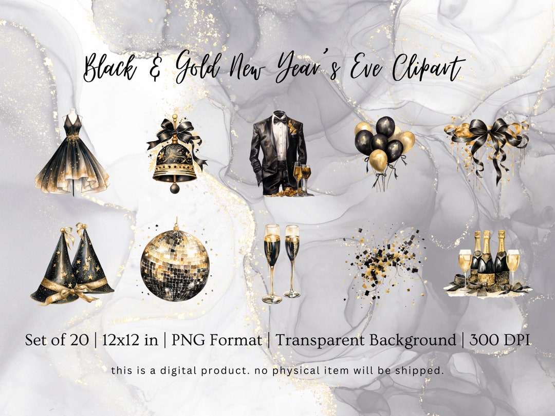 Elegant New Year's Eve Clipart - 20 Black & Gold Watercolor Elements ...
