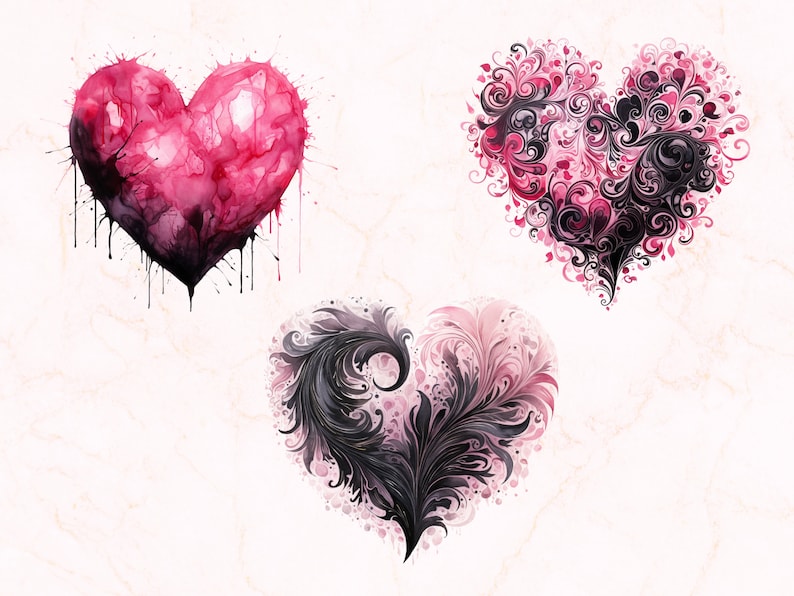 Watercolor Black & Pink Hearts Clipart - 10 PNG Files, 12x12 Inches ...