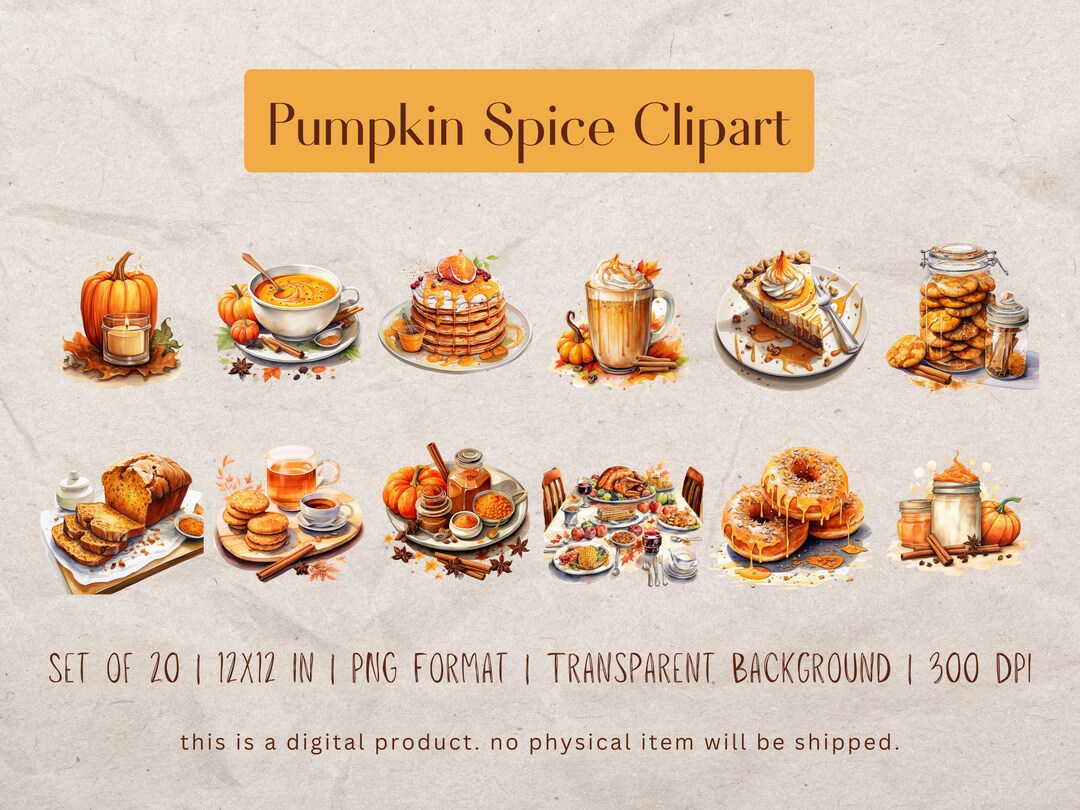 Pumpkin Spice Watercolor Clipart Set - 20 PNG Images, 12x12 Inches, 300 ...