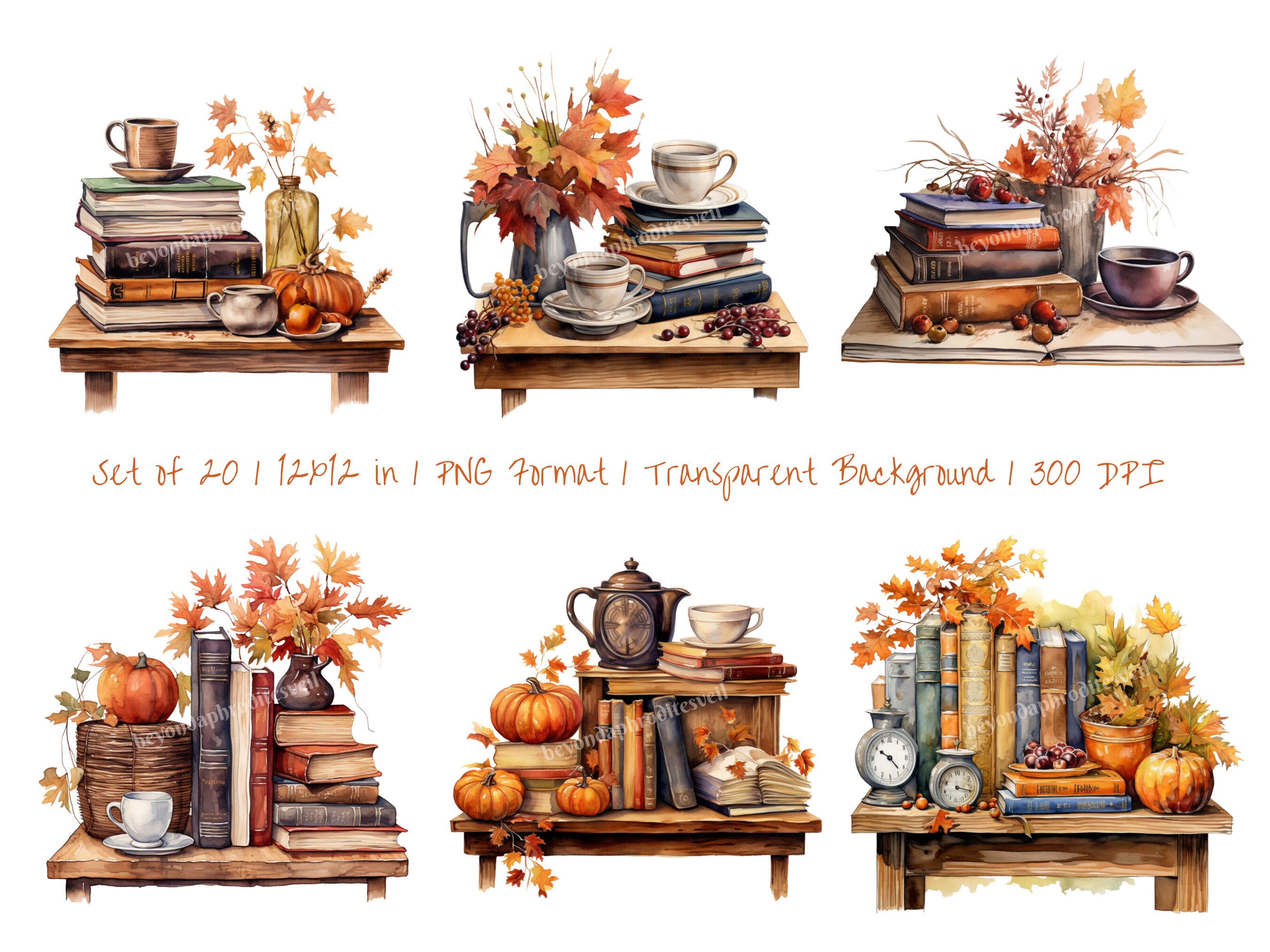Autumn Vintage Book Stack Clipart Set 20 PNG Images, 12x12 Inches, 300 ...