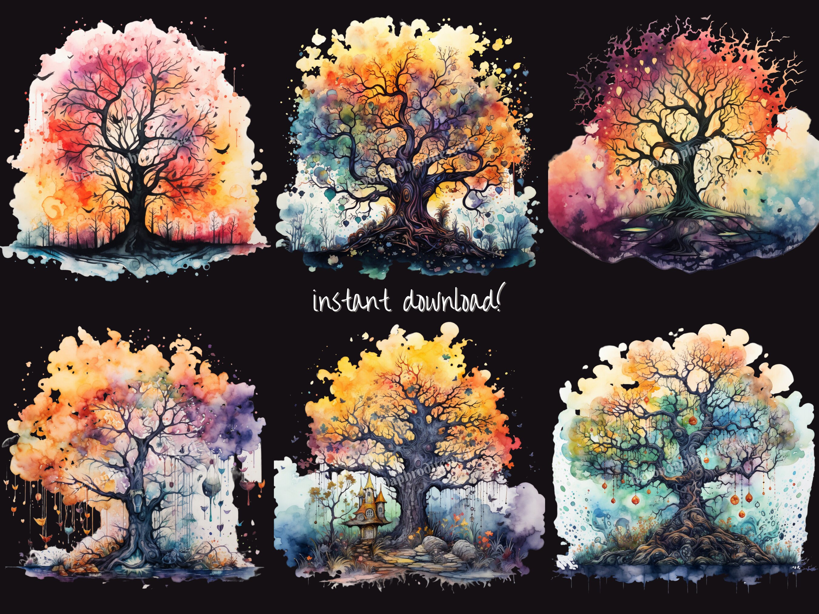 Magical Witchy Trees Clipart Set - 20 PNG Files, 12x12 Inches, 300 DPI ...