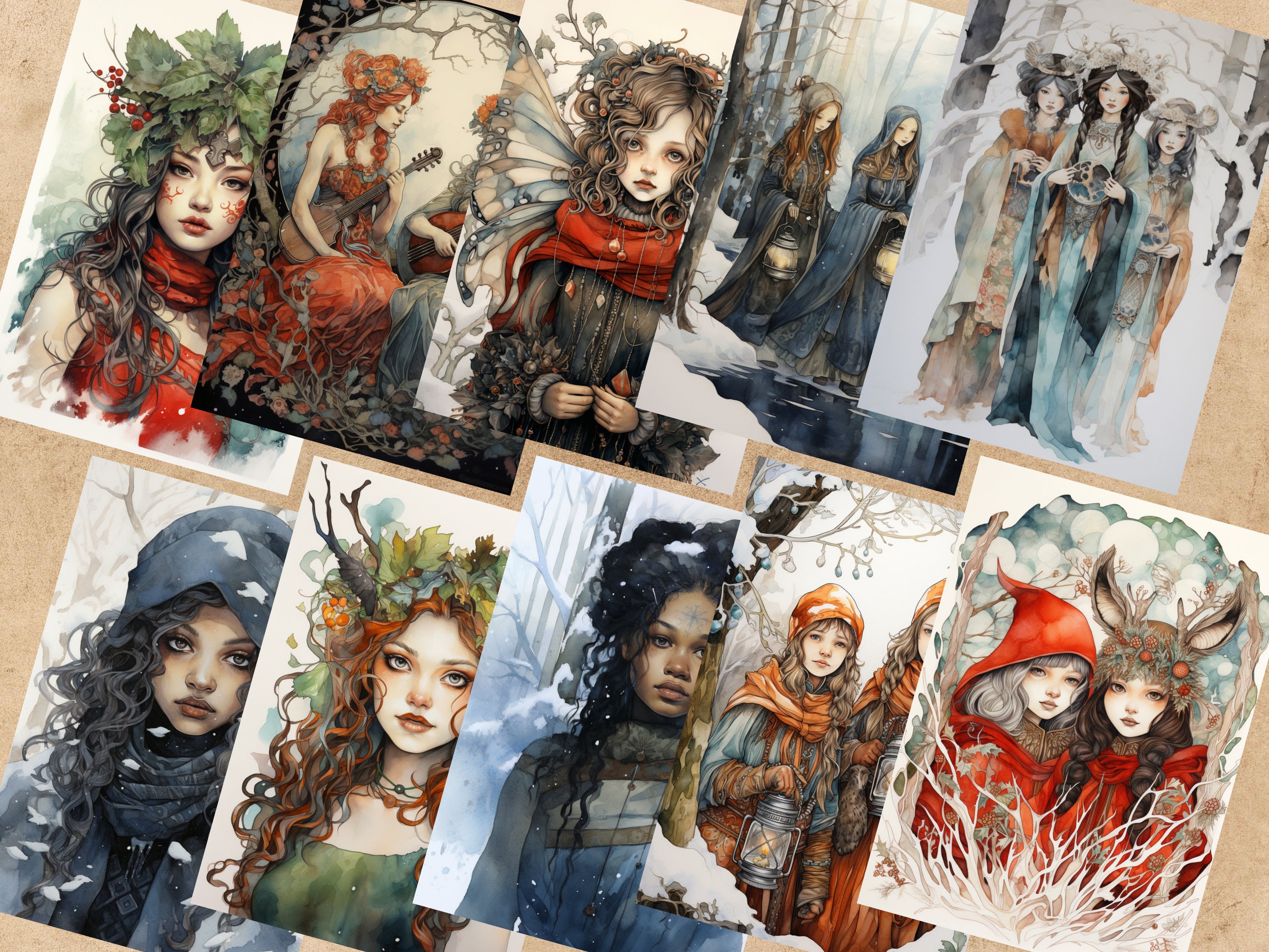Mystical Maidens of Yule Set of 20 PNG Watercolor & Ink, Digital Art ...