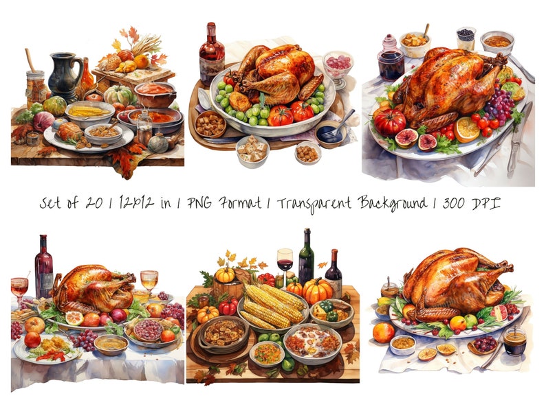 Thanksgiving Dinner Clipart Set 20 PNG Files, 12x12 Inches, 300 DPI ...