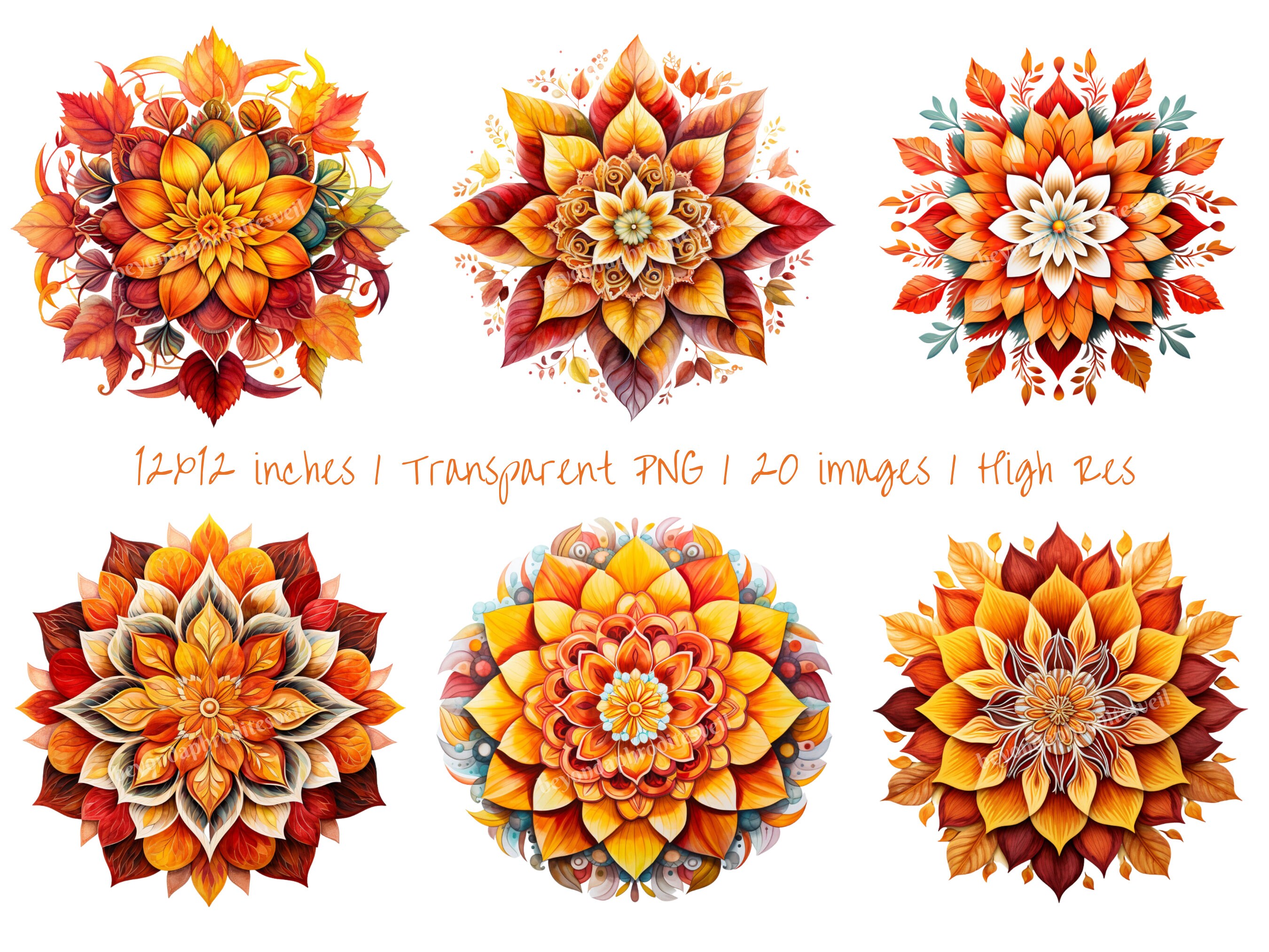 Fall Mandalas Clipart Set 20 PNG Files, 12x12 Inches, 300 DPI Instant ...