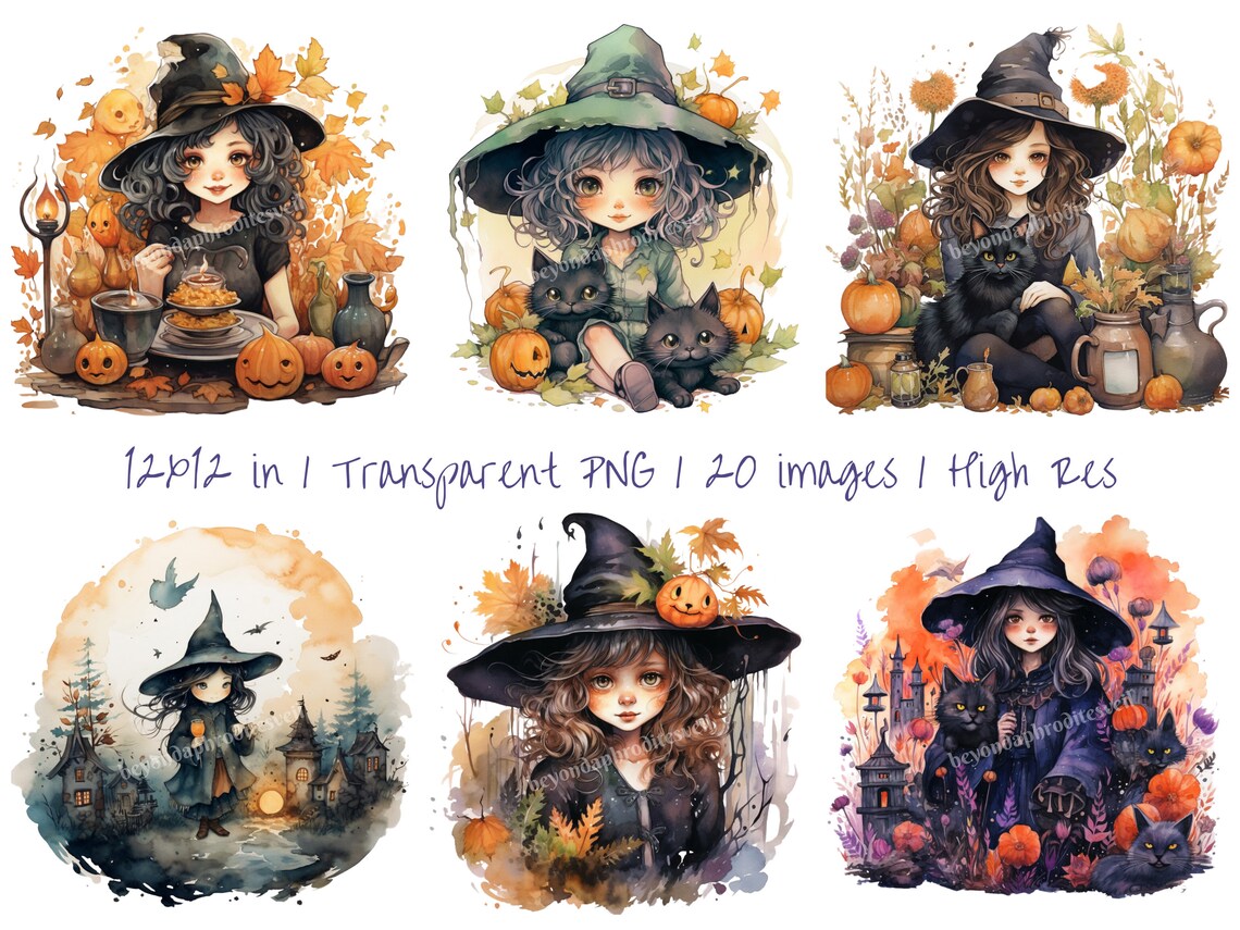 Cute Fall Witches Clipart – 20 PNG Illustrations (digital Download) - Etsy