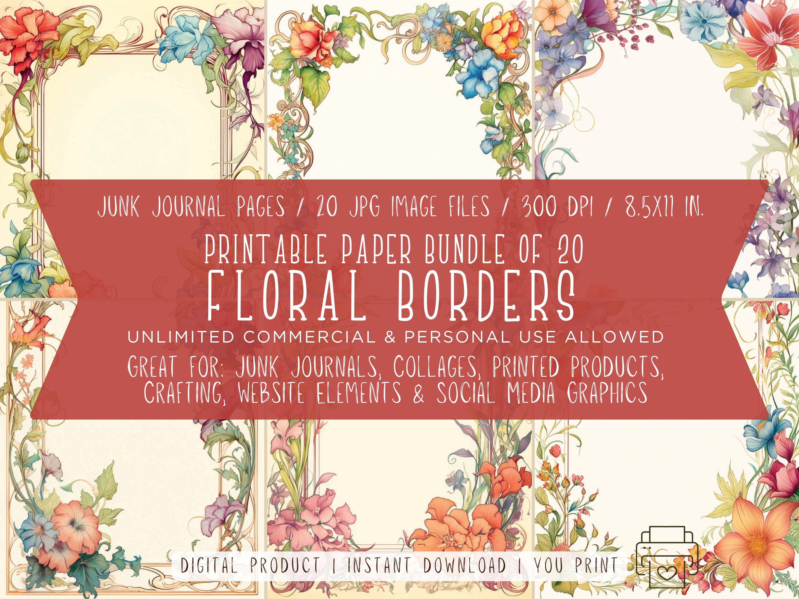 Floral Borders Paper Set Printable Junk Journal Pages 20 Jpgs, 8.5x11 ...