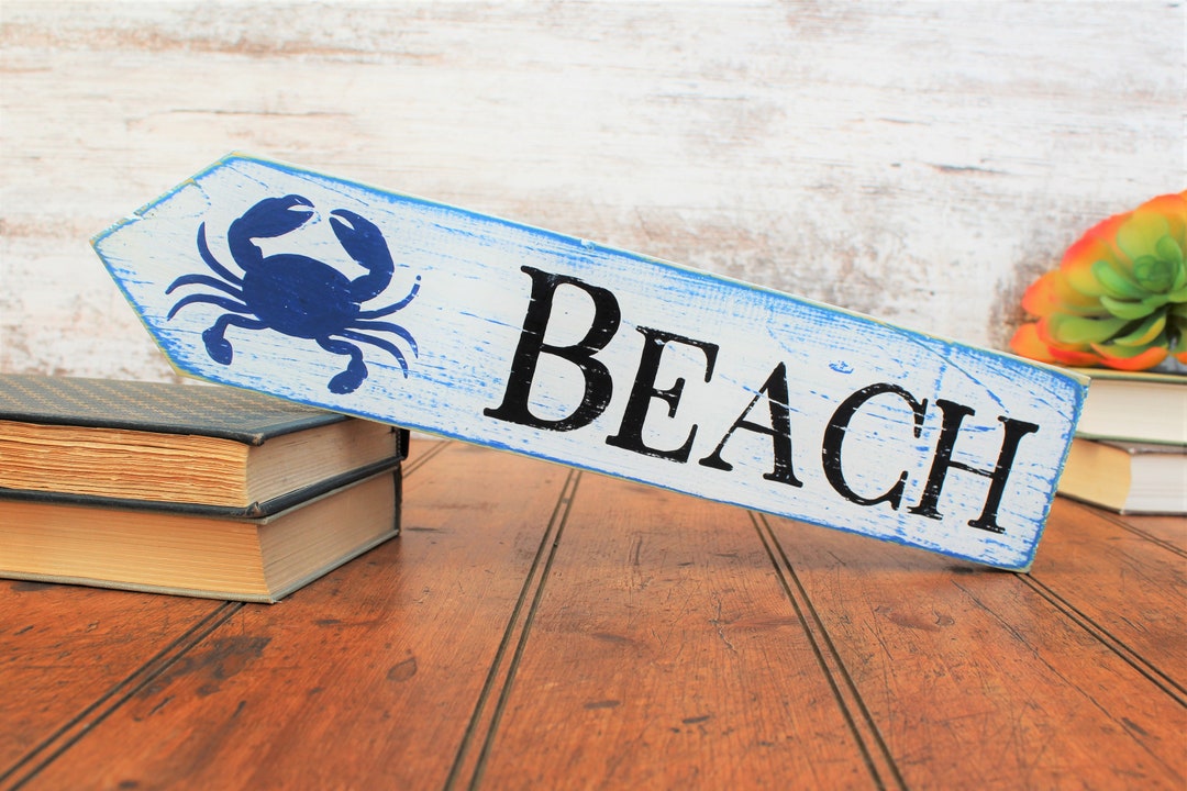 Beach Directional Sign With a Blue Crab, Distressed Hand Painted Wood ...