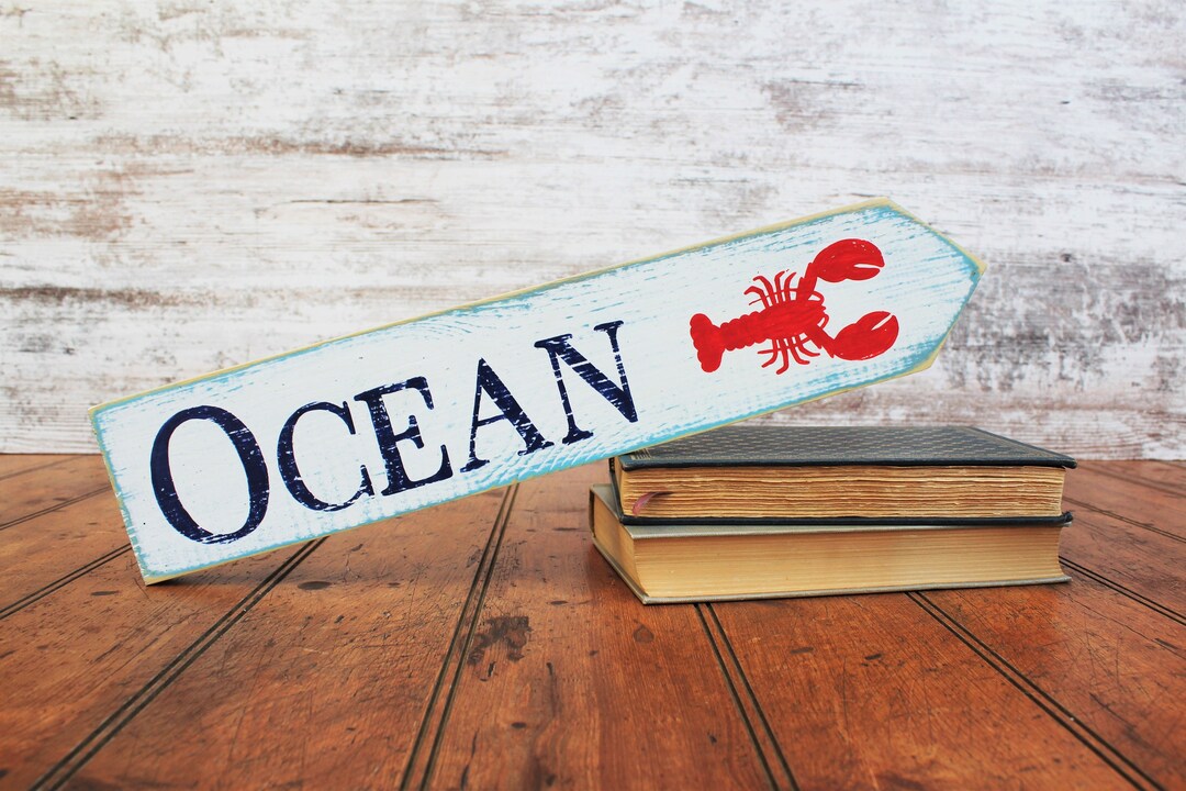 Ocean Directional Sign With Lobster, Distressed Hand Painted Wood Sign ...