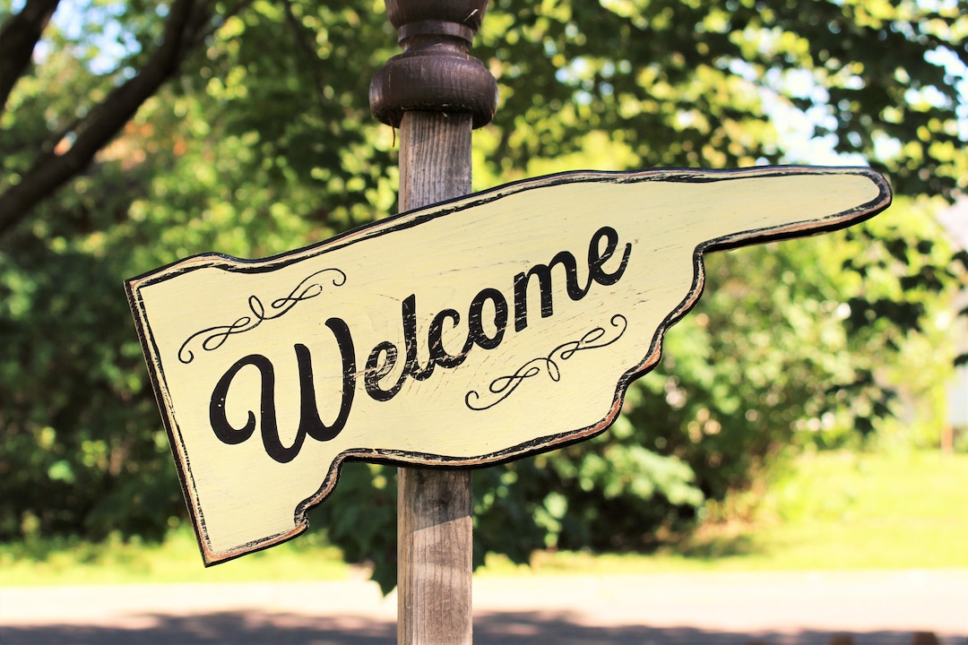 Welcome Hand Shaped Directional Sign, Hand Painted Distressed Wooden ...