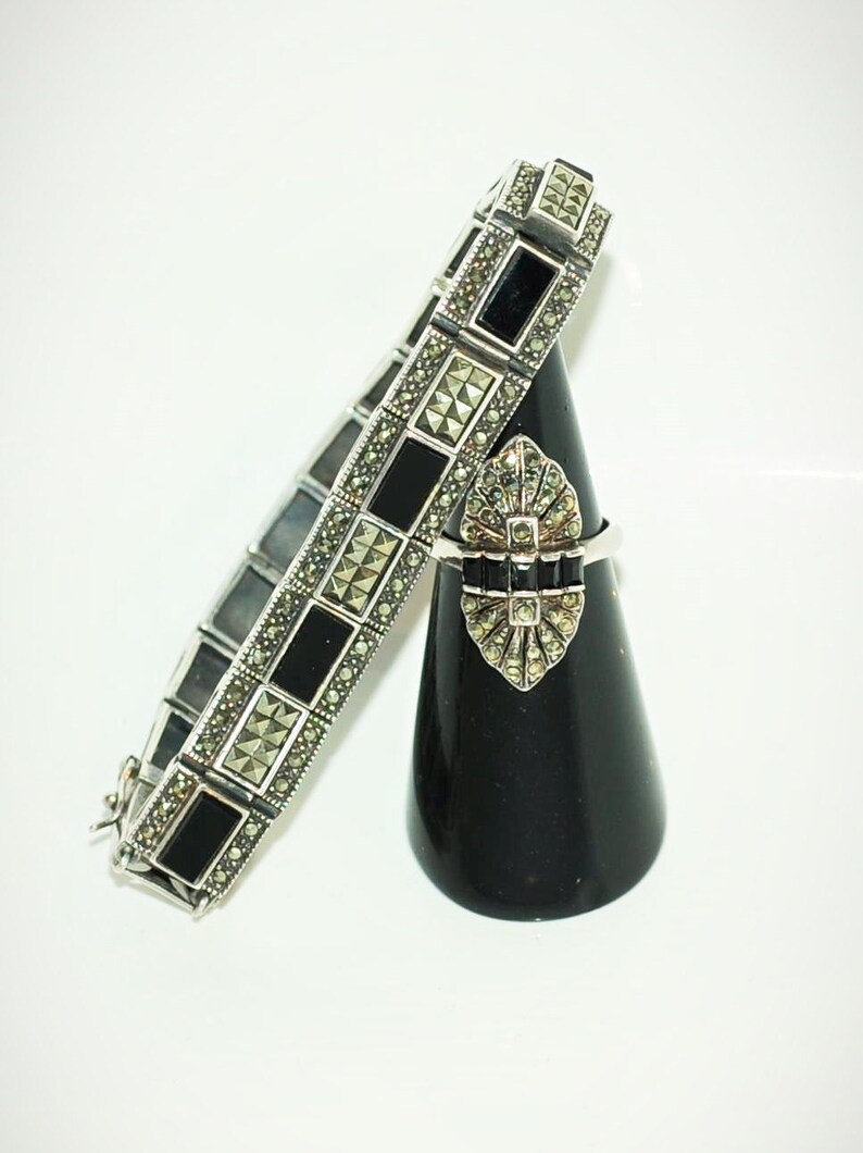 Lovely Vintage Stering Silver Mid Century Marcasite and Onyx Tennis ...
