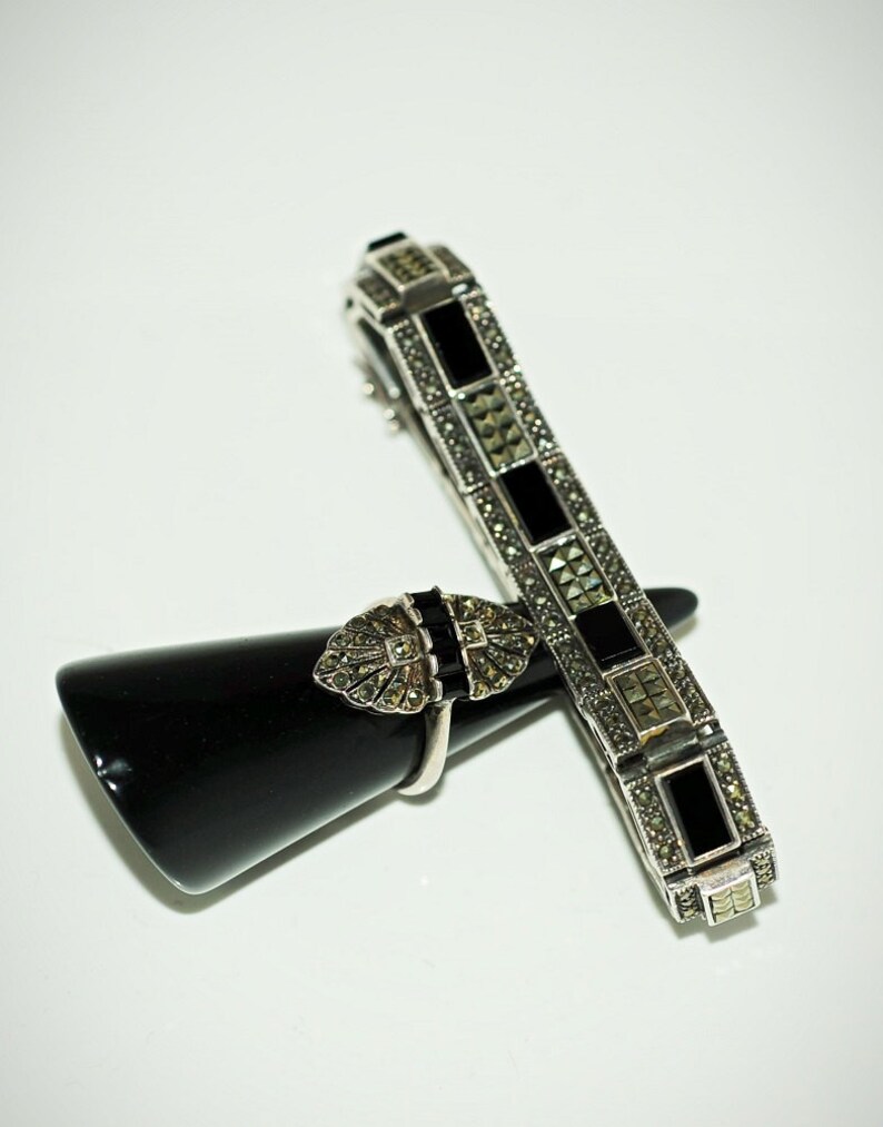 Lovely Vintage Stering Silver Mid Century Marcasite and Onyx Tennis ...