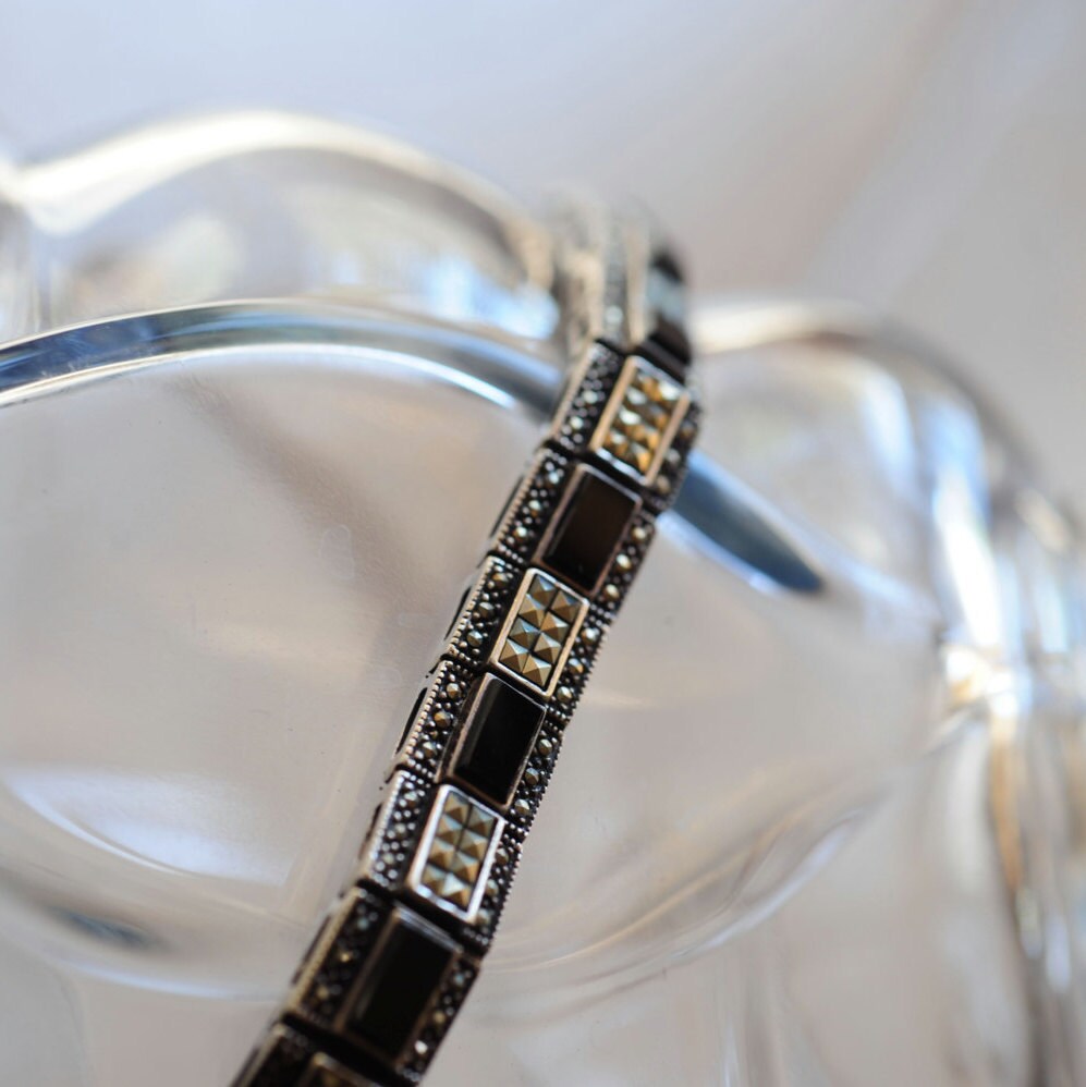 Lovely Vintage Stering Silver Mid Century Marcasite and Onyx Tennis ...