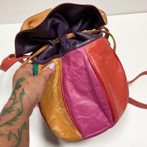 Vintage Leather Patchwork Bucket Bag / Color Block Shoulder Bag / Retro ...