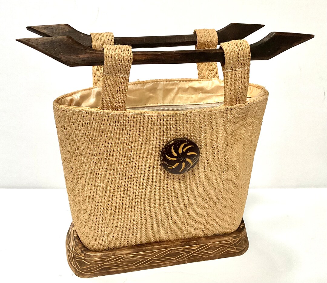 Vintage Avara Style Asian Seagrass & Wood Purse / Top Handle ...