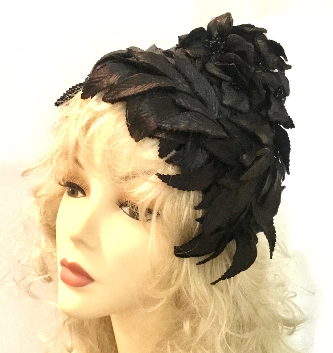 Vintage Black Leaf Cloche Half Hat / Juliette Hat / Punk Hat / Formal ...
