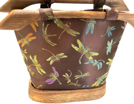 Vintage Asian Dragonfly Satin & Wood Purse / Top Hand… - Gem