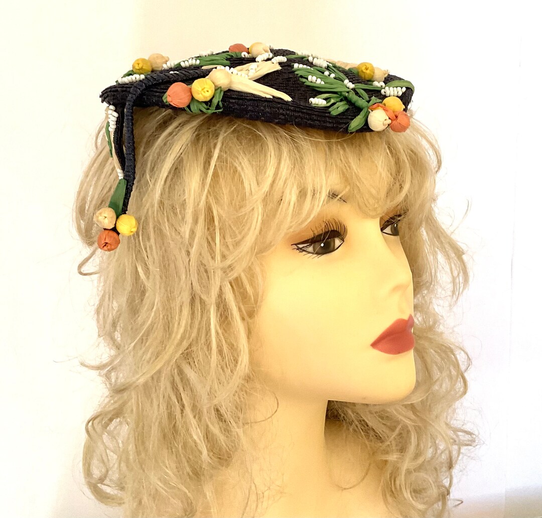 Vintage Bead & Raffia Toque Hat / Chapeaux Hat / Woodmere NY ...