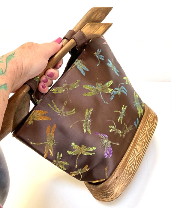 Vintage Asian Dragonfly Satin & Wood Purse / Top Hand… - Gem