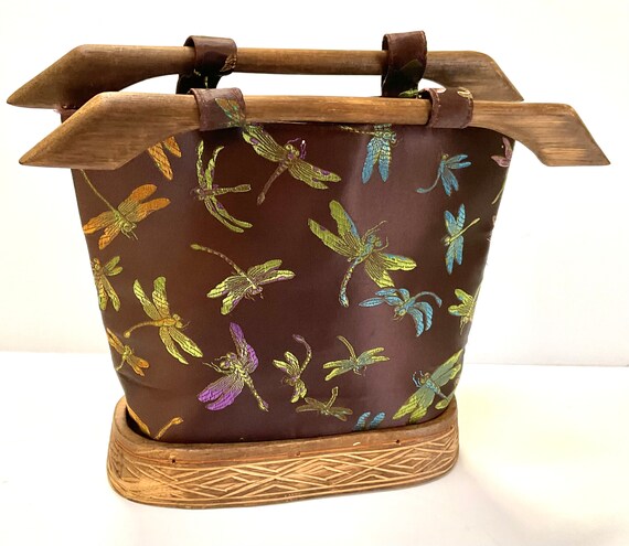 Vintage Asian Dragonfly Satin & Wood Purse / Top Hand… - Gem