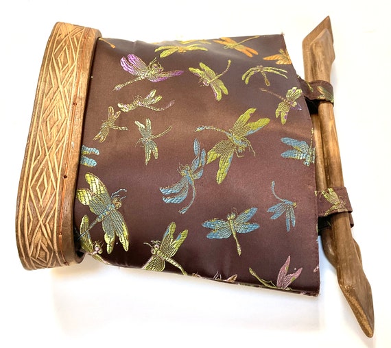 Vintage Asian Dragonfly Satin & Wood Purse / Top Hand… - Gem