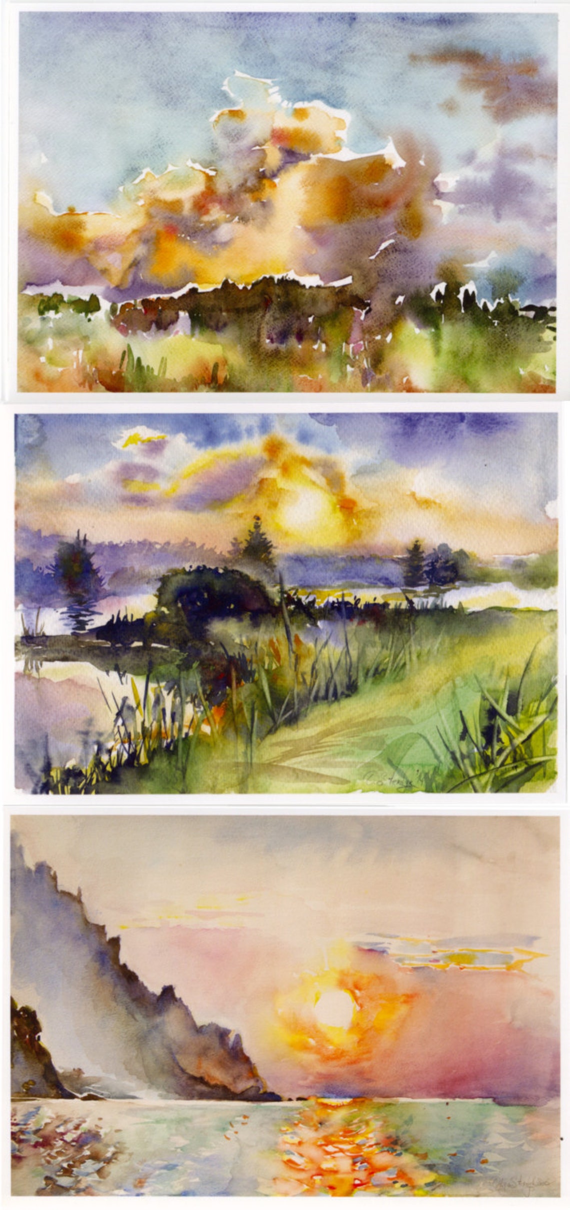 Set of 3 Postcards, Sunset Watercolor Painting - Blue Sky Card Gift ...