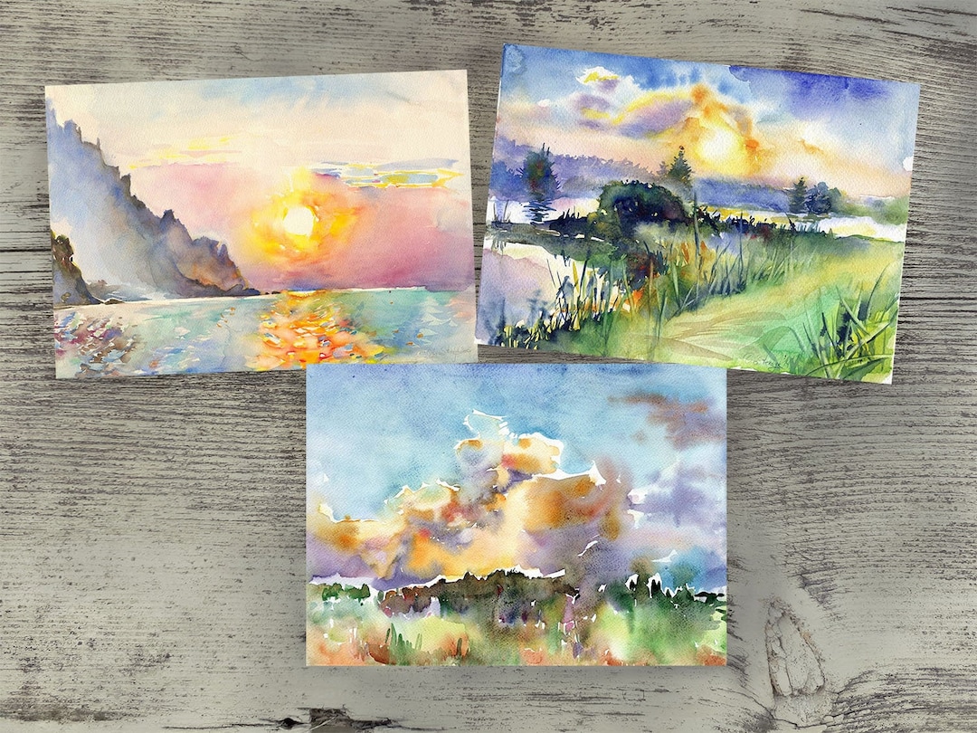 Set of 3 Postcards, Sunset Watercolor Painting - Blue Sky Card Gift ...