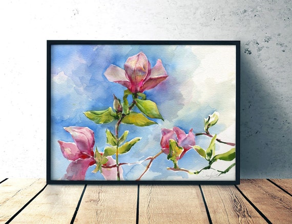 Pink Magnolia Print of Watercolor Painting Purple Flower - Etsy Australia