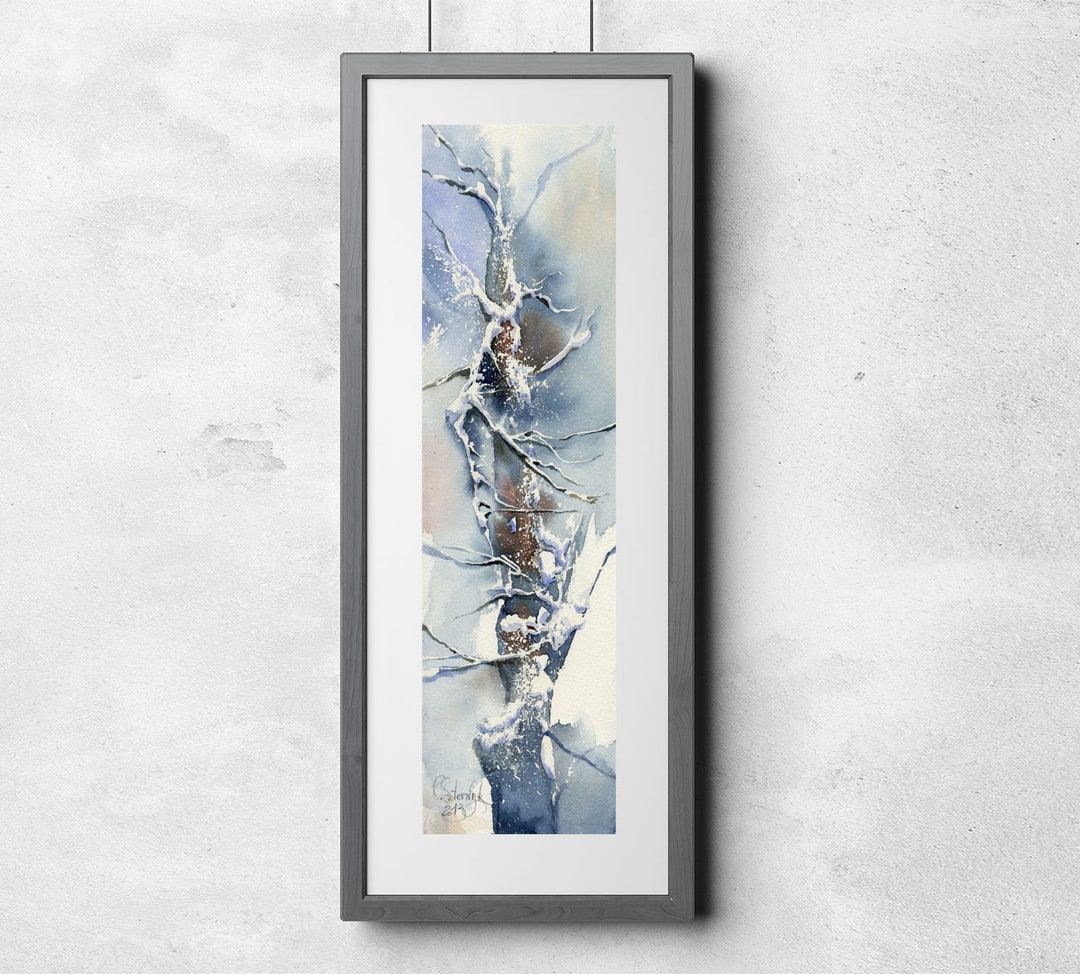 Print of Winter Snow Trees, Blue and White Painting - First Snow ...