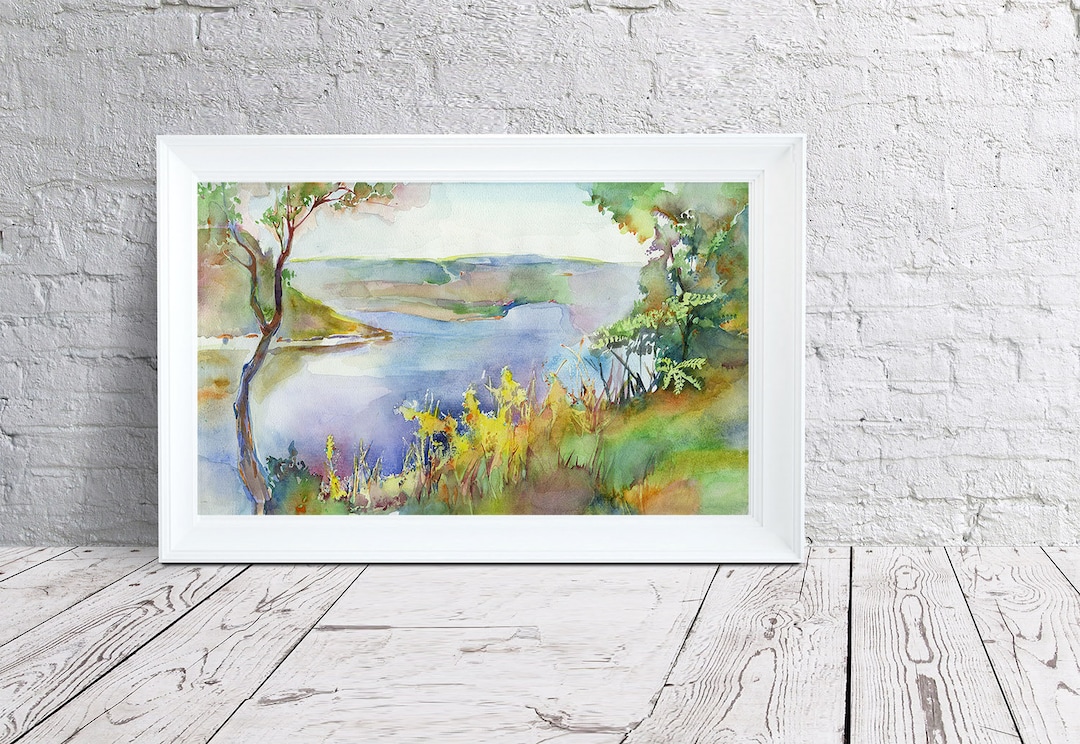 River Landscape Art Print - Riverscape Painting Print, River Watercolor ...