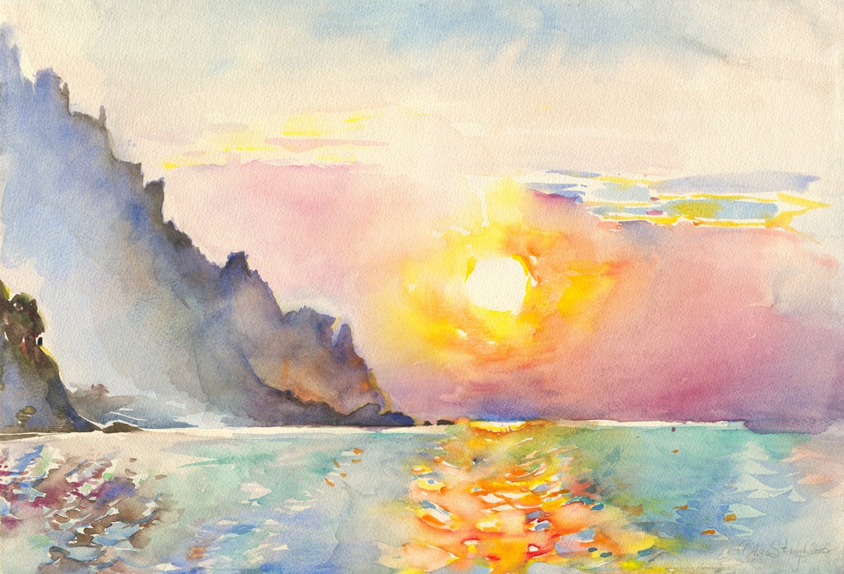 Set of 3 Postcards, Sunset Watercolor Painting - Blue Sky Card Gift ...