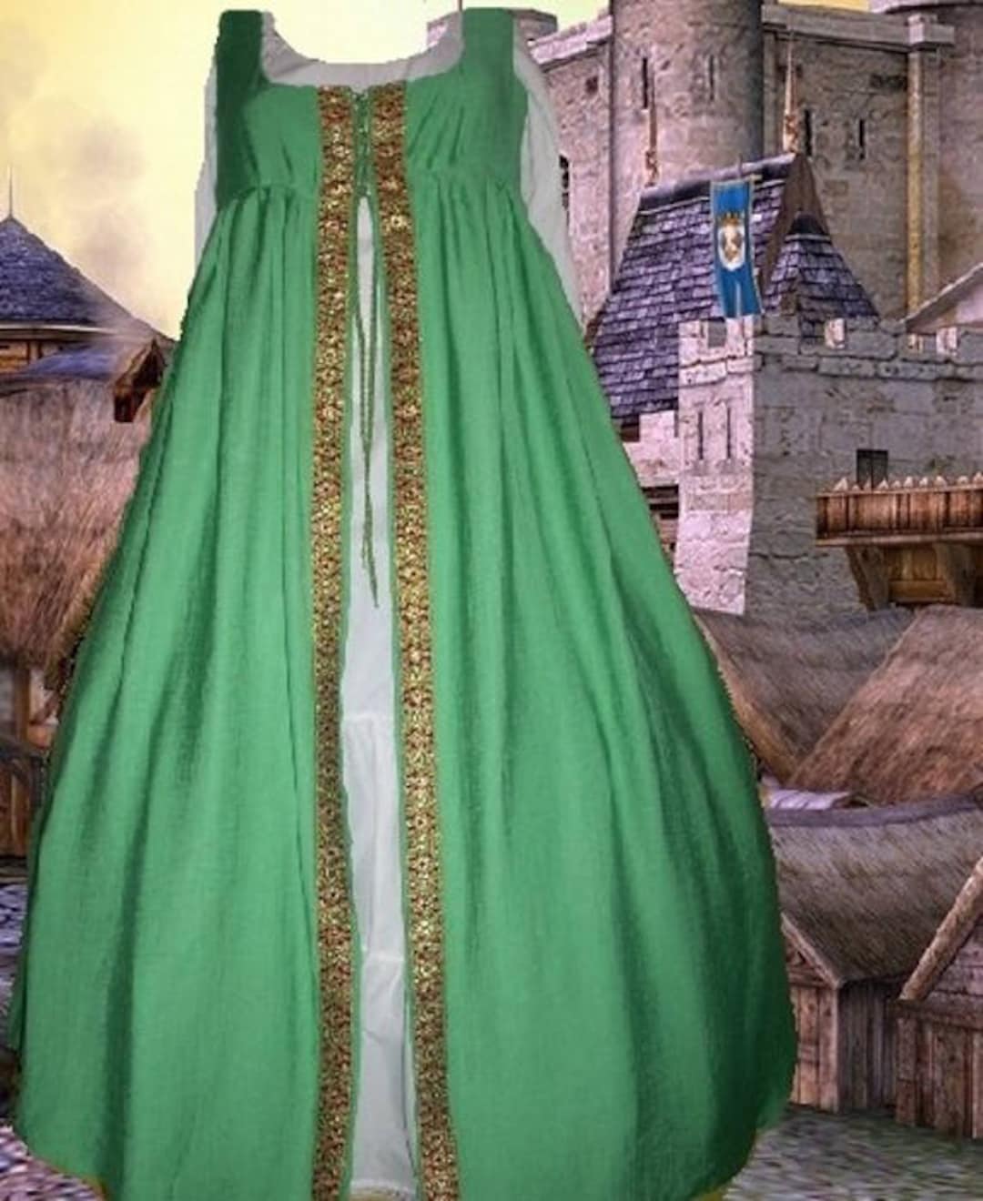 Renaissance Gown Medieval Costume SCA Garb Green Irish Style Overdress ...