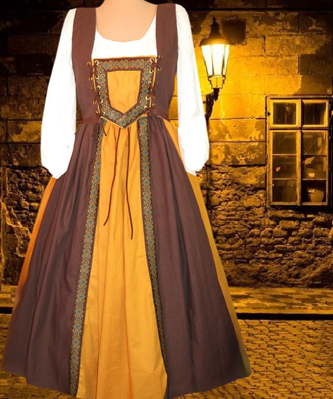 Renaissance Costume Medieval Gown SCA Garb Mustard Chocolate 2pc Bi ...