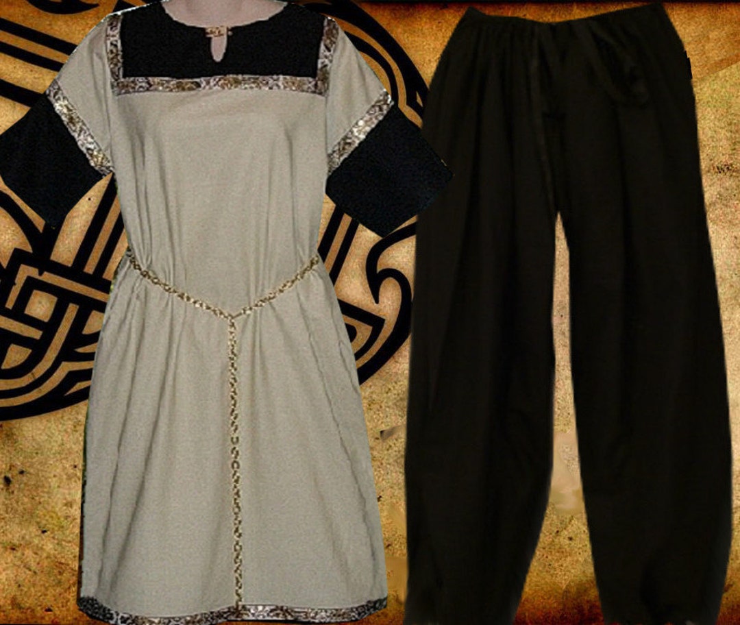 Renaissance Costume Medieval Unisex Tunic Pants Medieval Tan Midnight ...