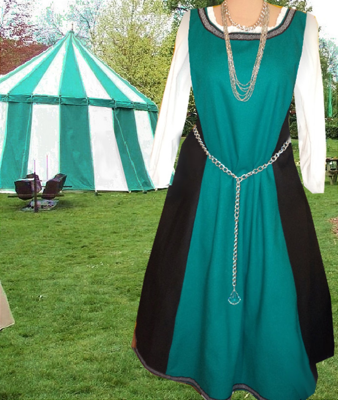 Renaissance Dress Medieval Gown Costume Sca Garb Linenbld Teal Black