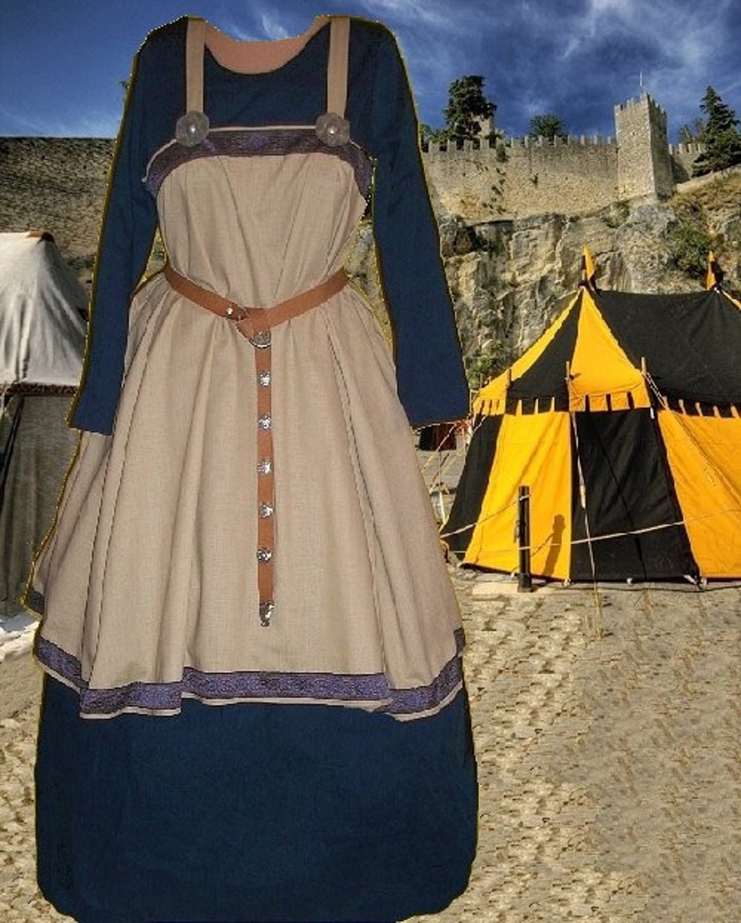 SCA Garb Norse Viking Medieval Tan Linen Navy Cotton Apron and Kirtle ...