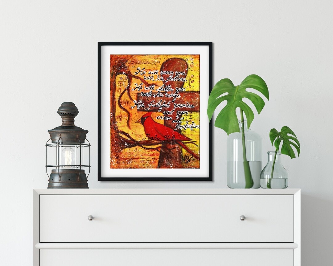 Religious Bird Art Print, Wildlife Wall Art, Psalms 91:4, Religious Art ...